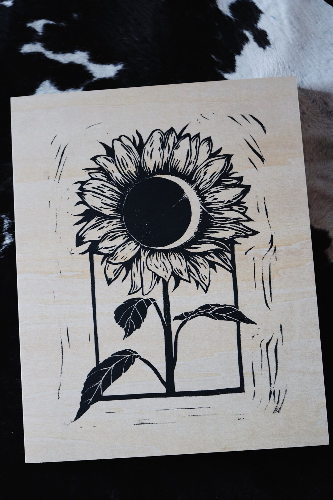 Sunflower Eclipse Wood Panel Print, Linocut Print, Handmade Print, 8x10 ...
