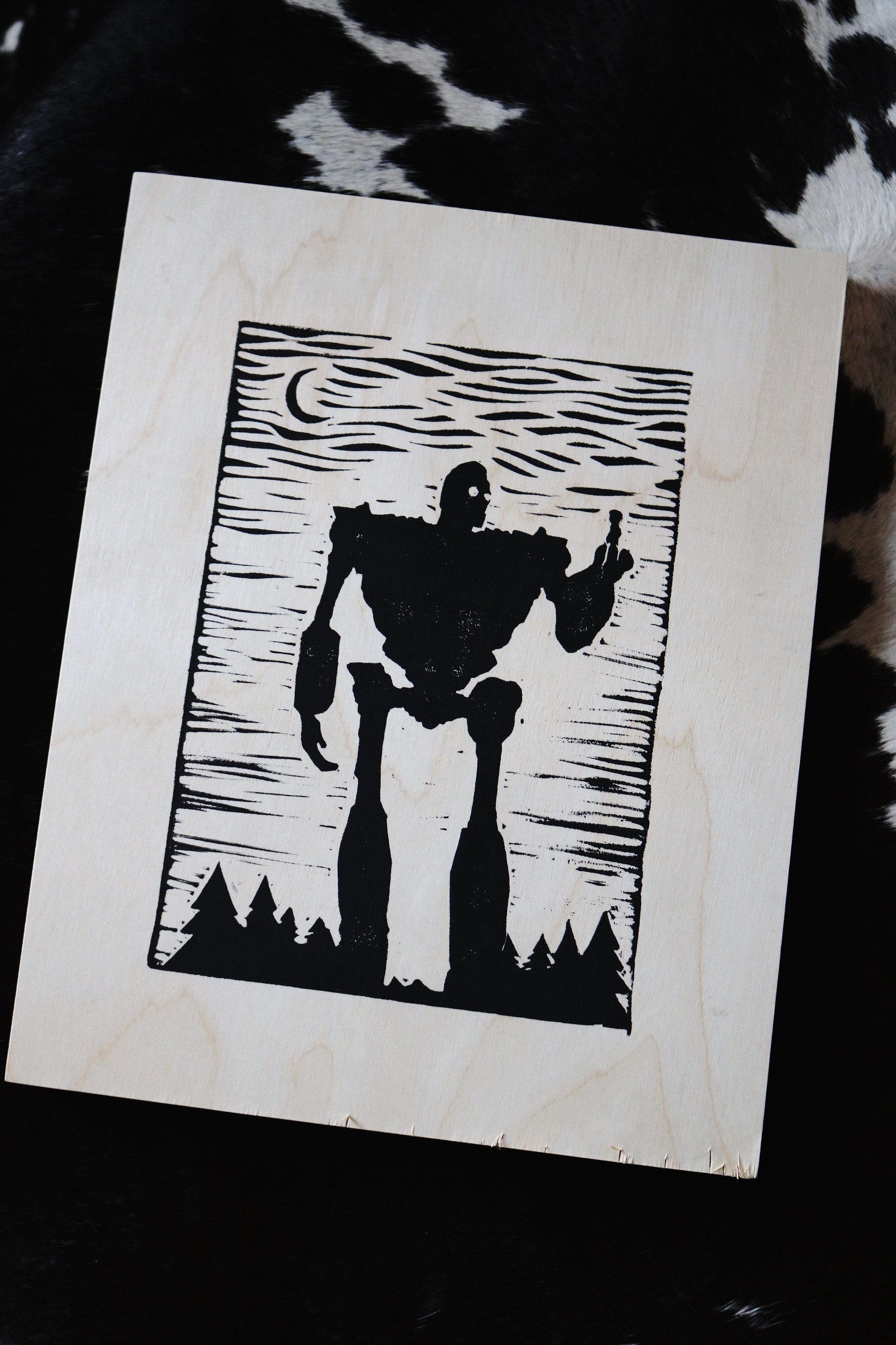 Iron Giant Wood Panel Print, Linocut Print, Handmade Print, 8x10 Print ...