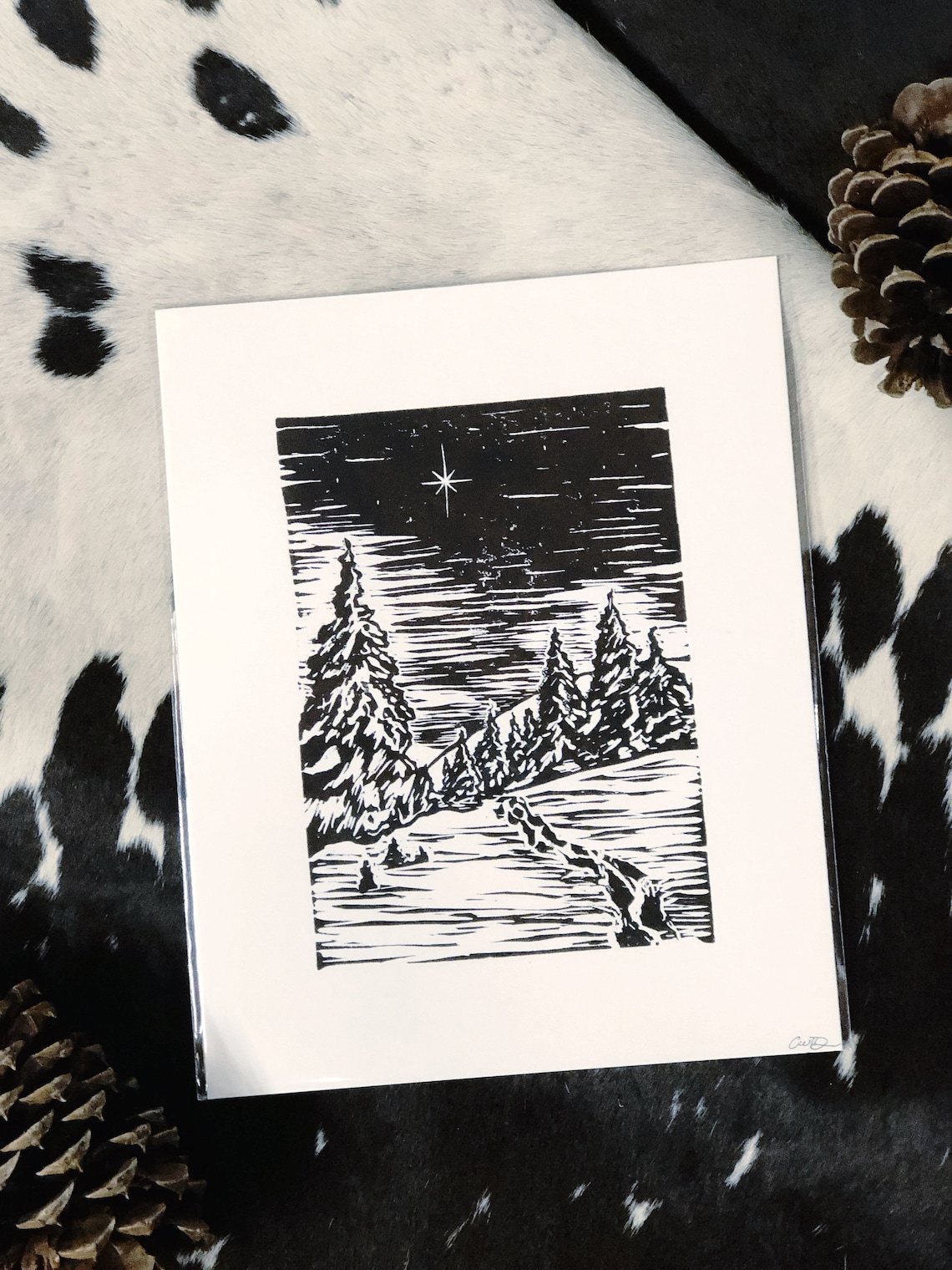 Winter Scene Print, Linocut Print, Handmade Print, Christmas Print ...