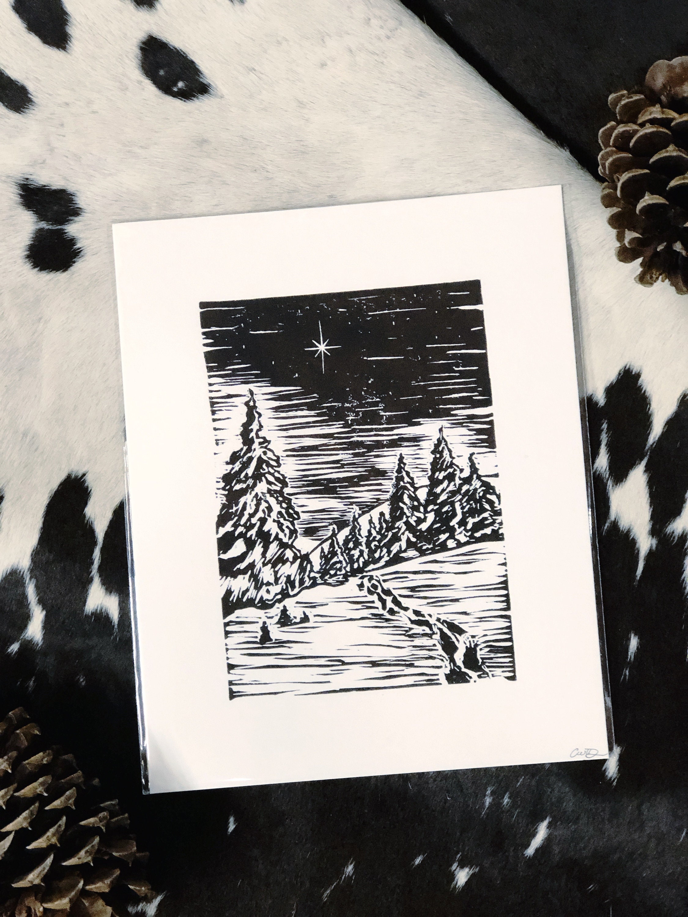 Winter Scene Print, Linocut Print, Handmade Print, Christmas Print ...