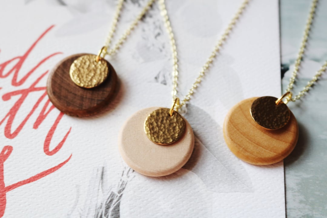 Handmade Wood Pendant Necklace, Brass Charm Token, 10in Chain - Etsy