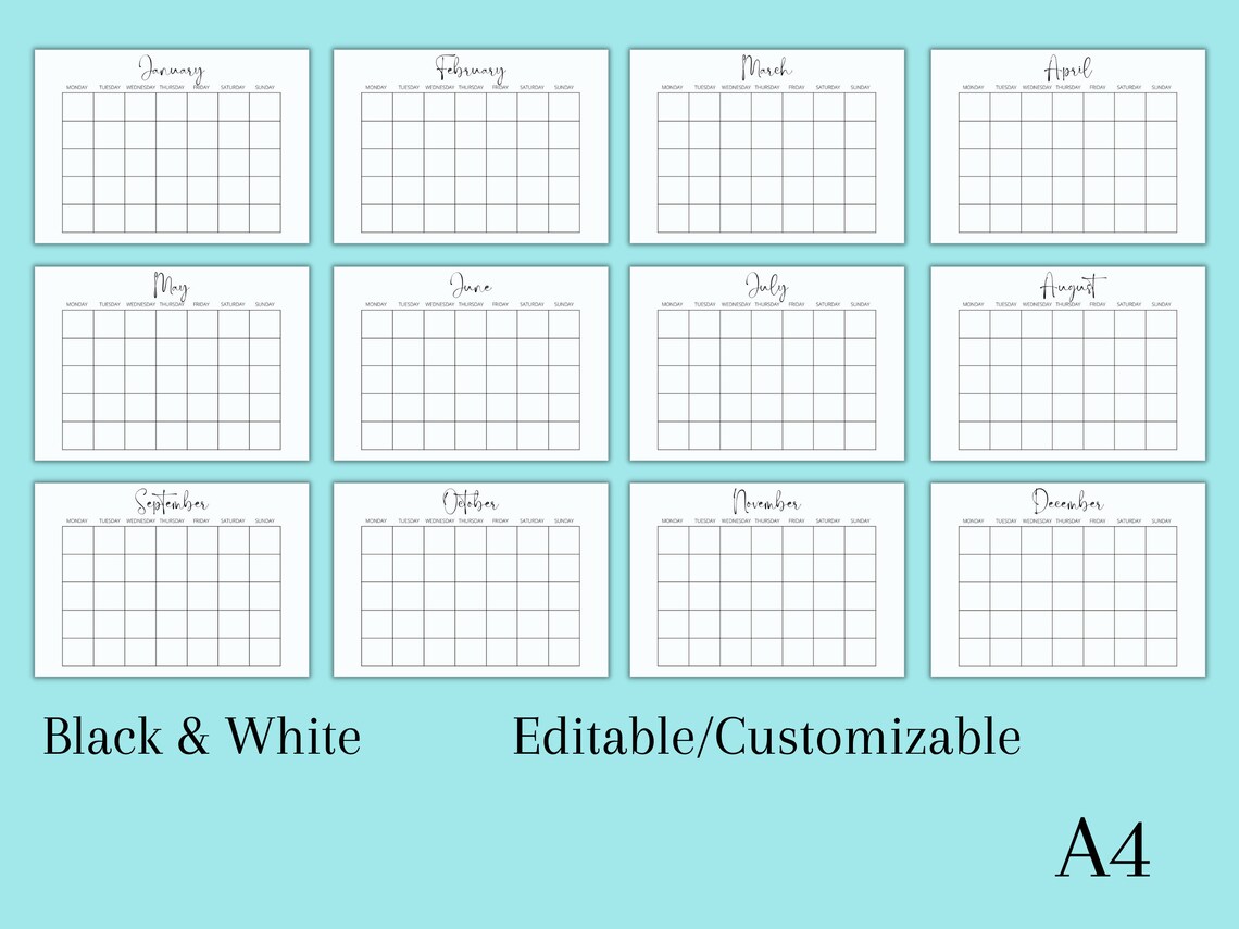 Blank Monthly Calendar Printable Landscape, Calendar Template, Wall ...