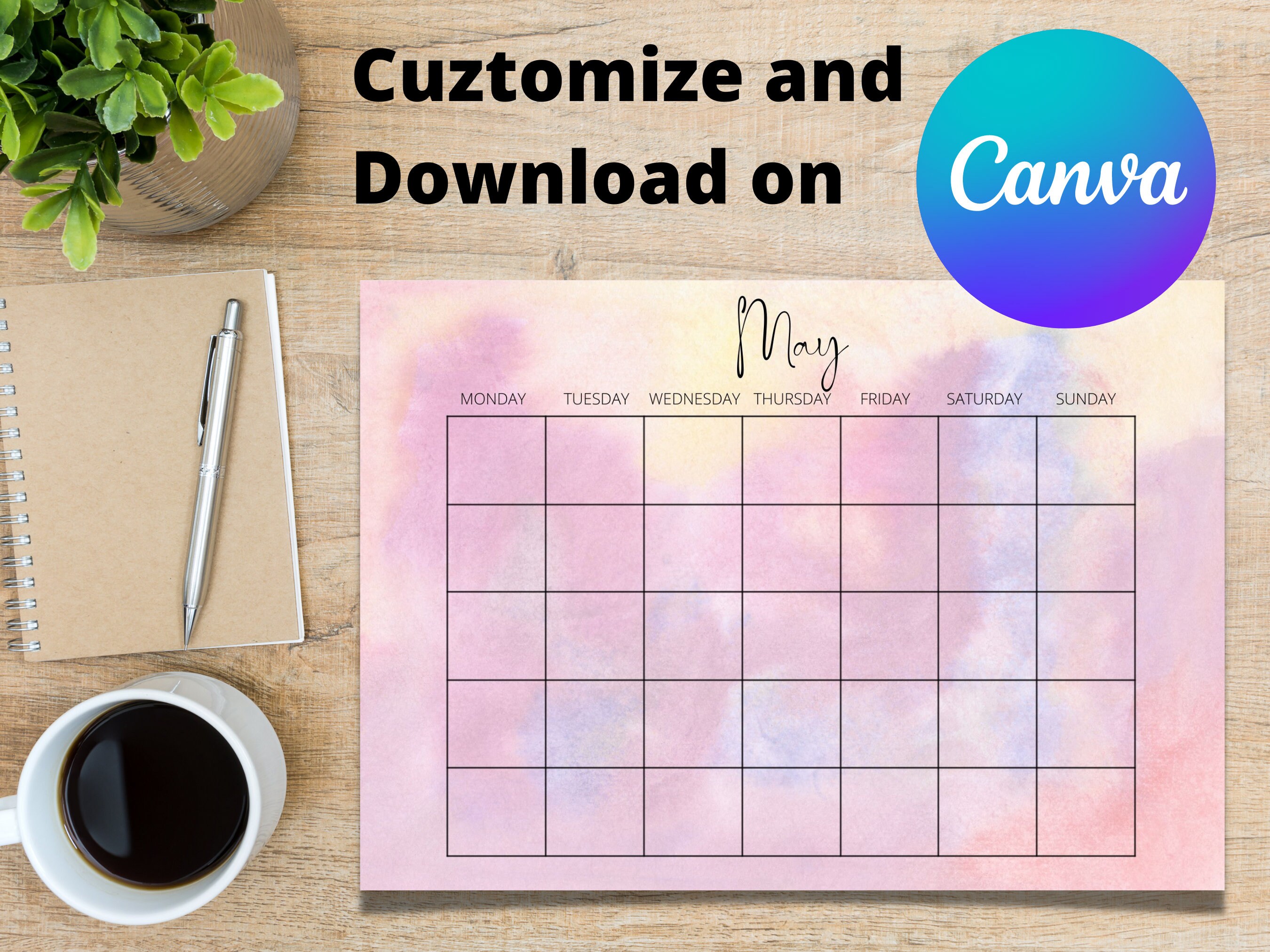 Blank Monthly Calendar Printable Landscape, Calendar Template, Wall ...