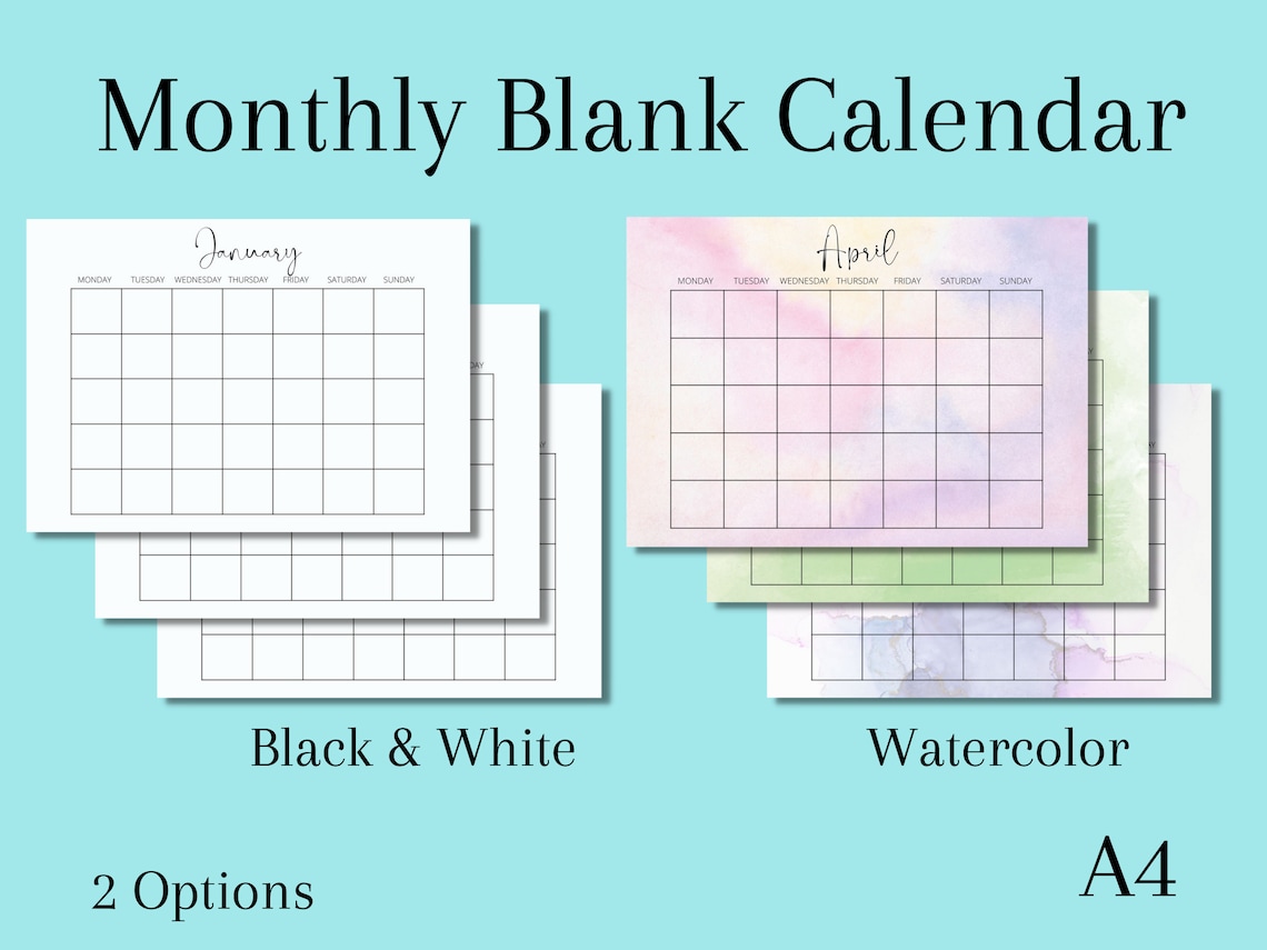 Blank Monthly Calendar Printable Landscape Calendar Template | Etsy