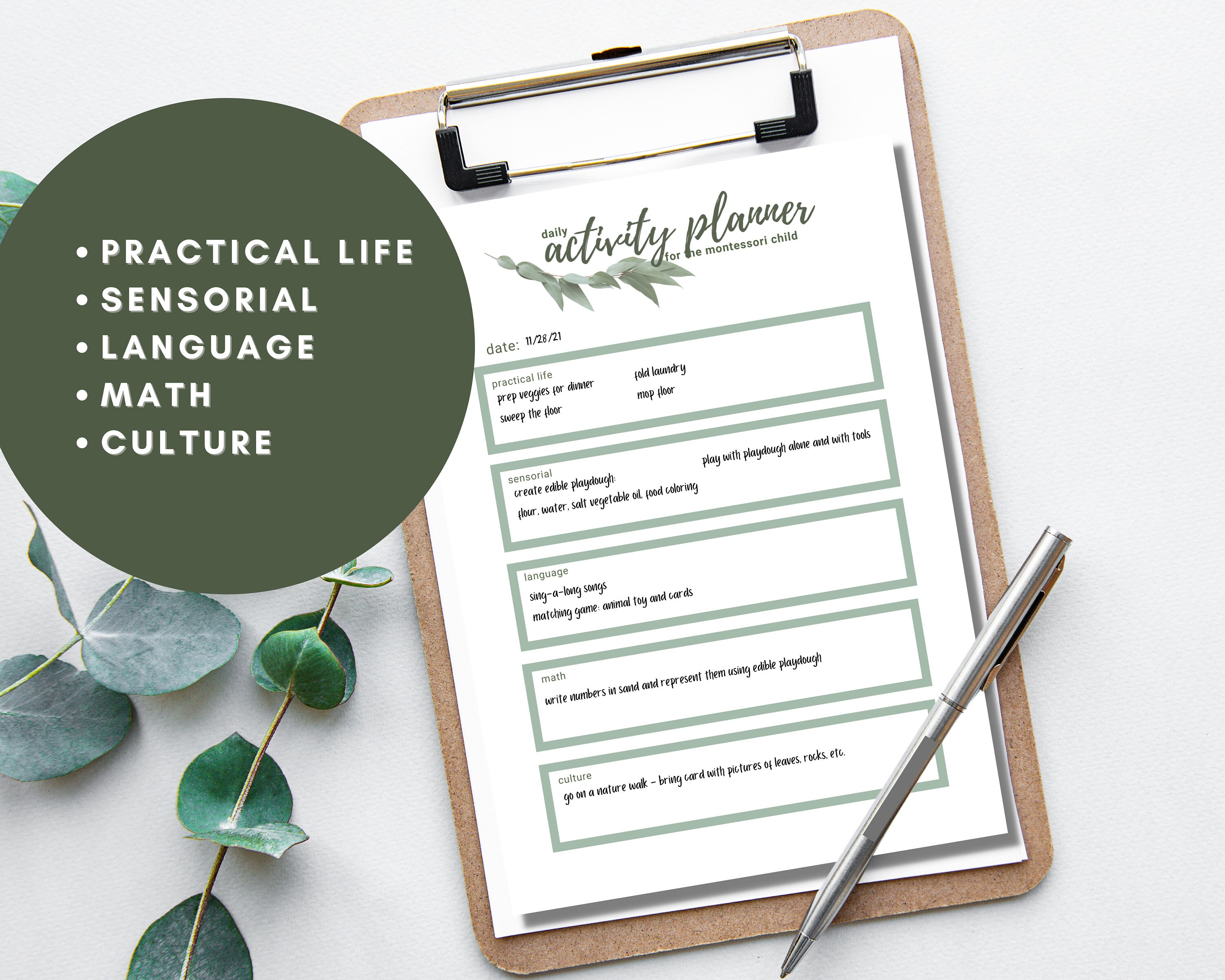 Montessori Activity Planner - Montessori at Home - Eucalyptus Theme ...