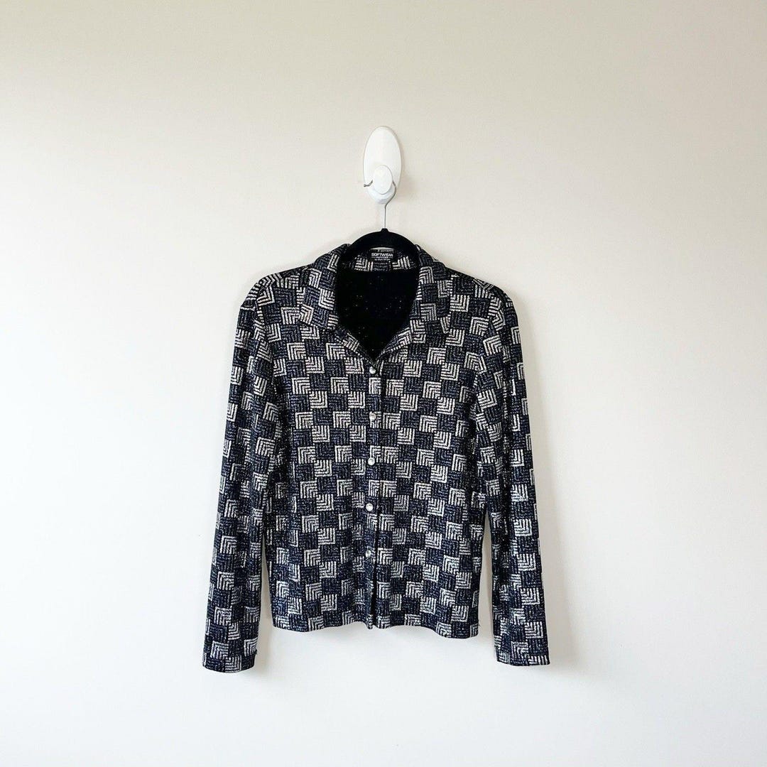 Softwear Petites by Mark Singer Silver Navy Slinky Glitter Blouse Y2K ...