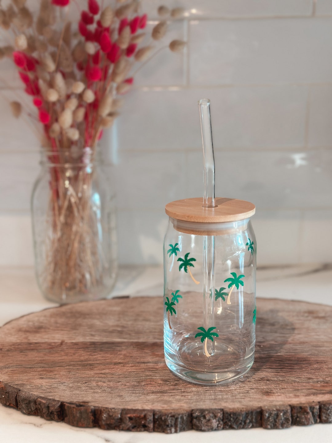 Green and Gold Palm Trees Iced Coffee Glass Cup With Glass Straw and ...
