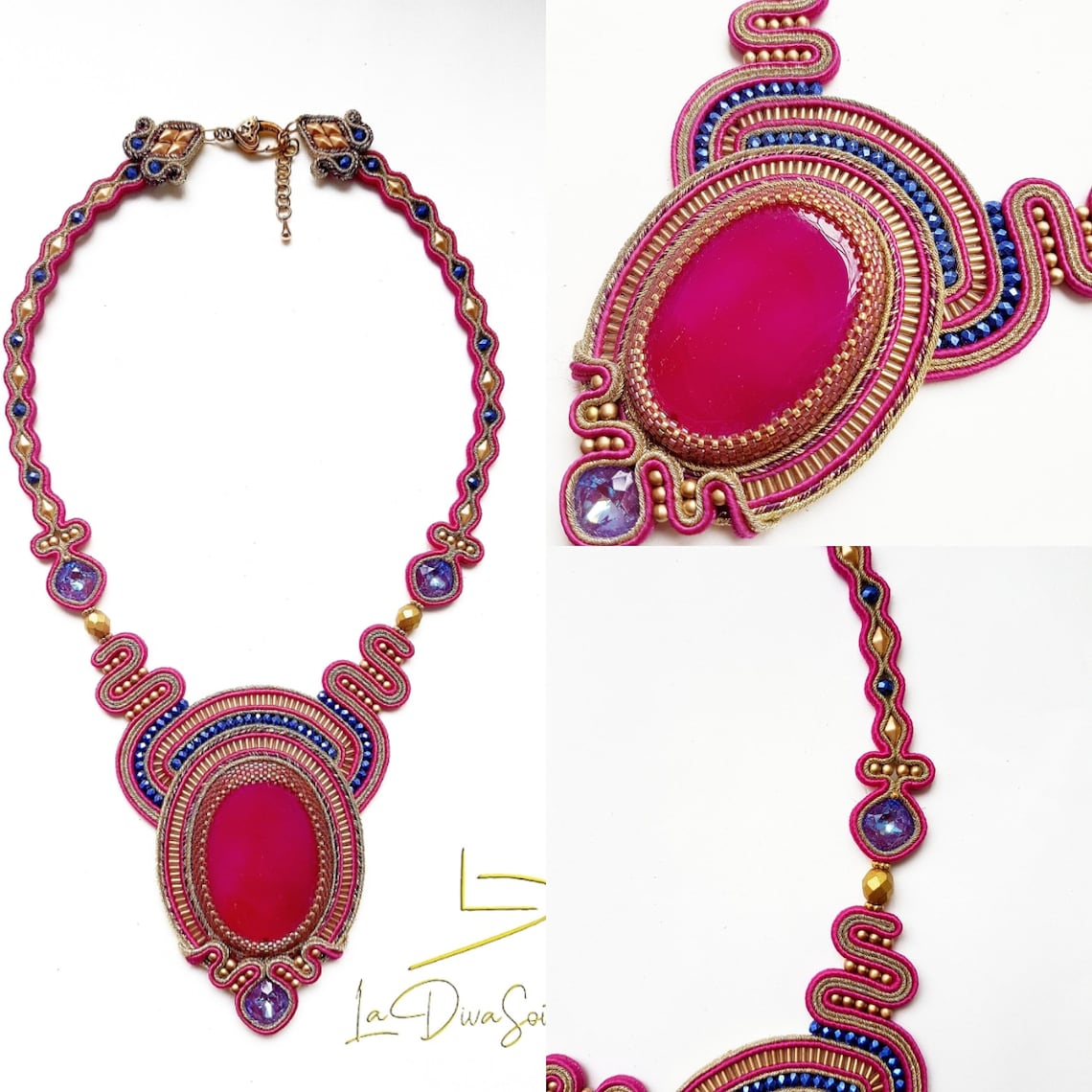Pink Soutache Necklaceagate Necklaceswarovski Statement - Etsy