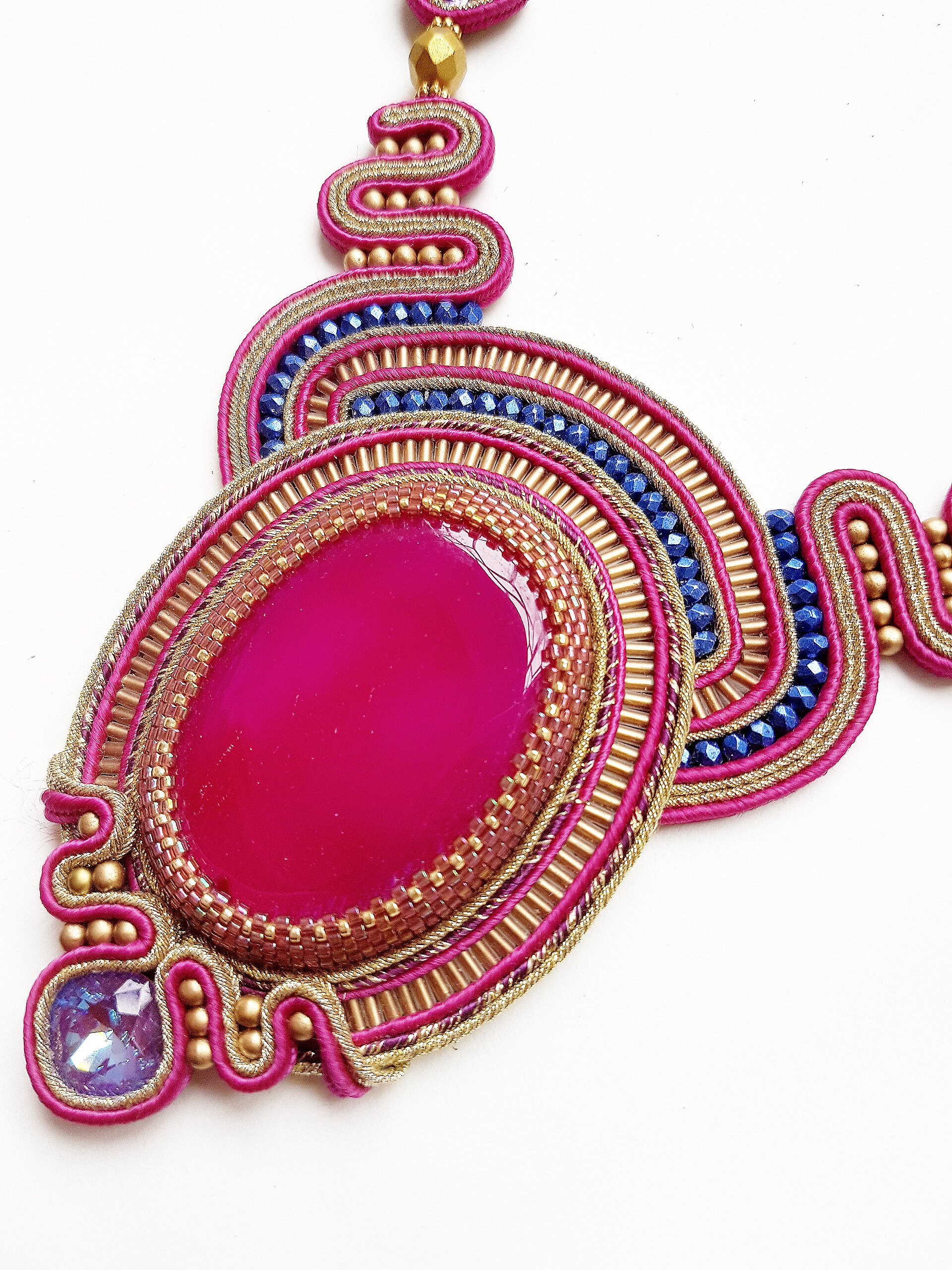 Pink Soutache Necklaceagate Necklaceswarovski Statement - Etsy