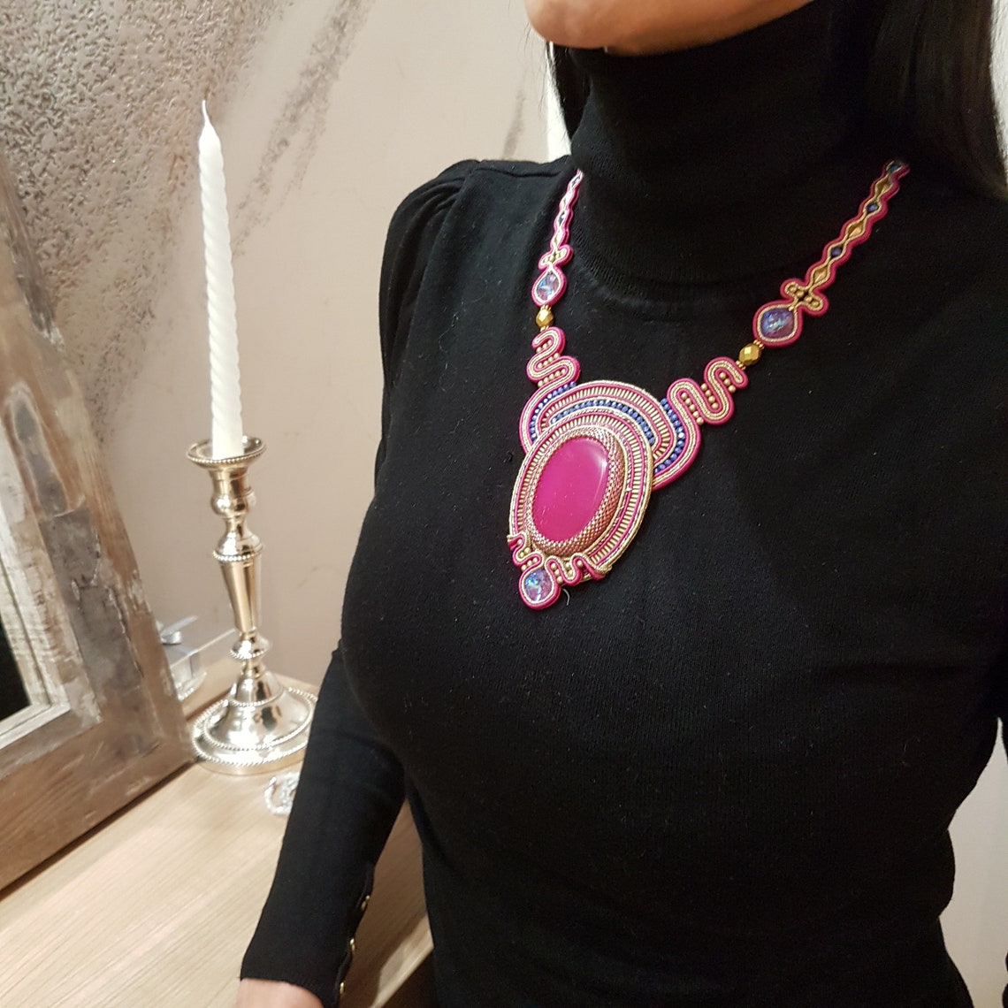 Pink Soutache Necklaceagate Necklaceswarovski Statement - Etsy