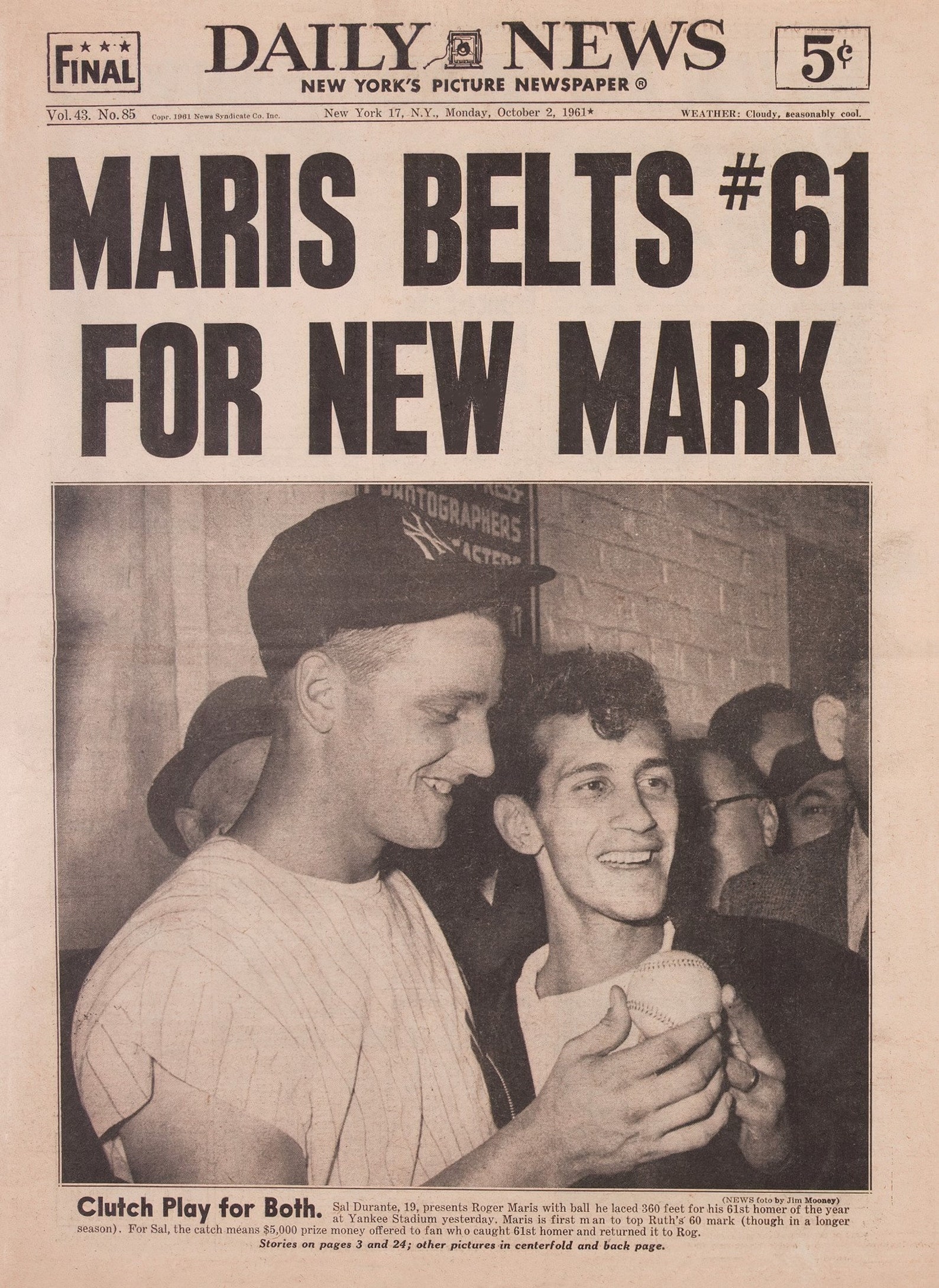 1961 ROGER MARIS Daily News Print Roger Maris Home Run 61 - Etsy