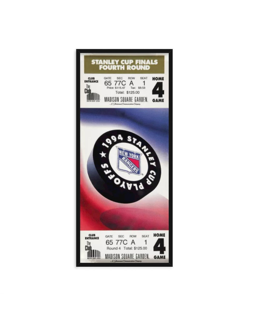 1994 NEW YORK RANGERS Stanley Cup Game Ticket Print Vintage Hockey ...
