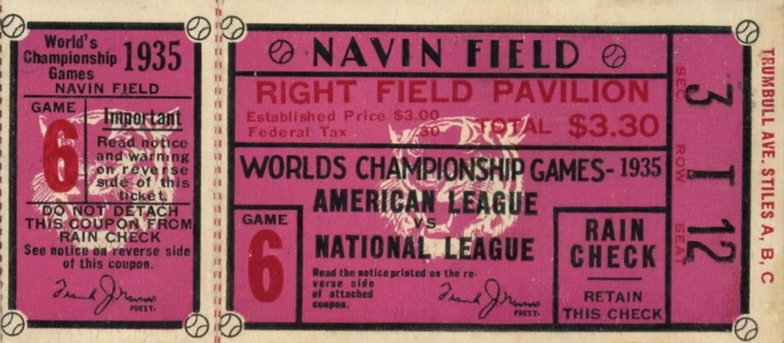 1935 DETROIT TIGERS Game Ticket Print Vintage Baseball | Etsy
