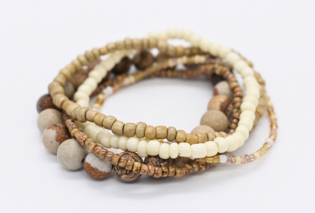 Stretch Bracelets, Gift for Her, Bracelet Stack, Beige Bracelets ...