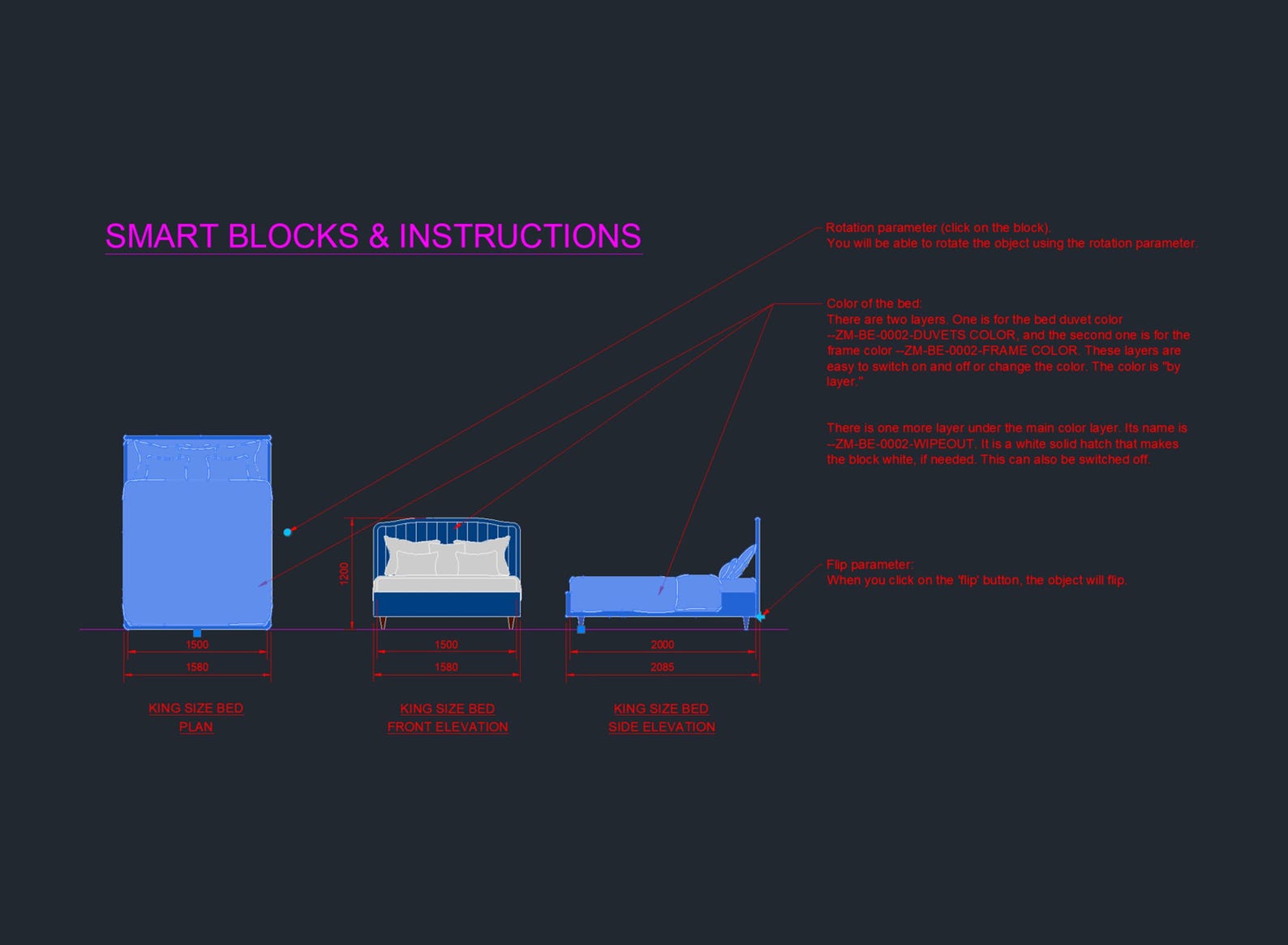 2D Fabric Bed With Headboard CAD Collection, Smart Blocks for Beds in 5 ...