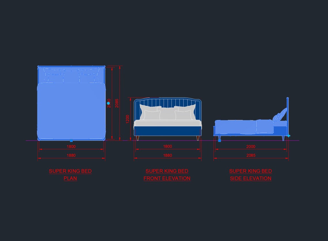 2D Fabric Bed With Headboard CAD Collection, Smart Blocks for Beds in 5 ...