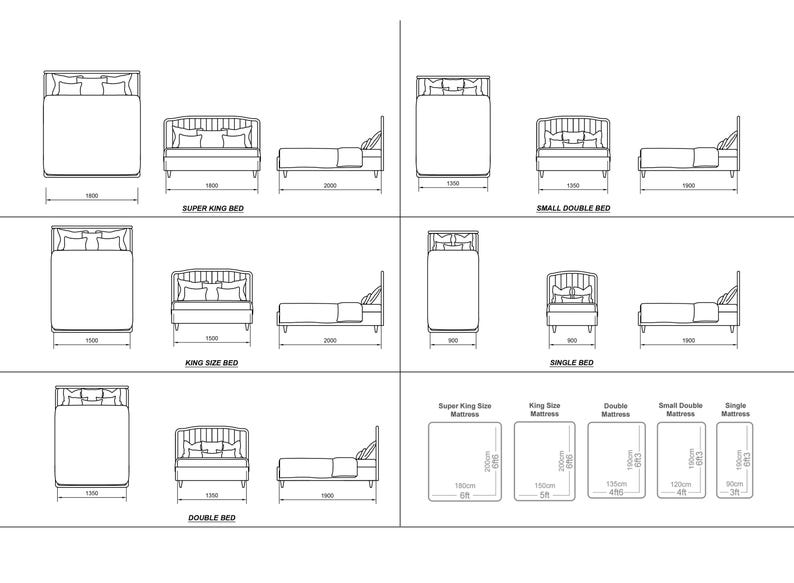 2D Fabric Bed With Headboard CAD Collection, Smart Blocks for Beds in 5 ...