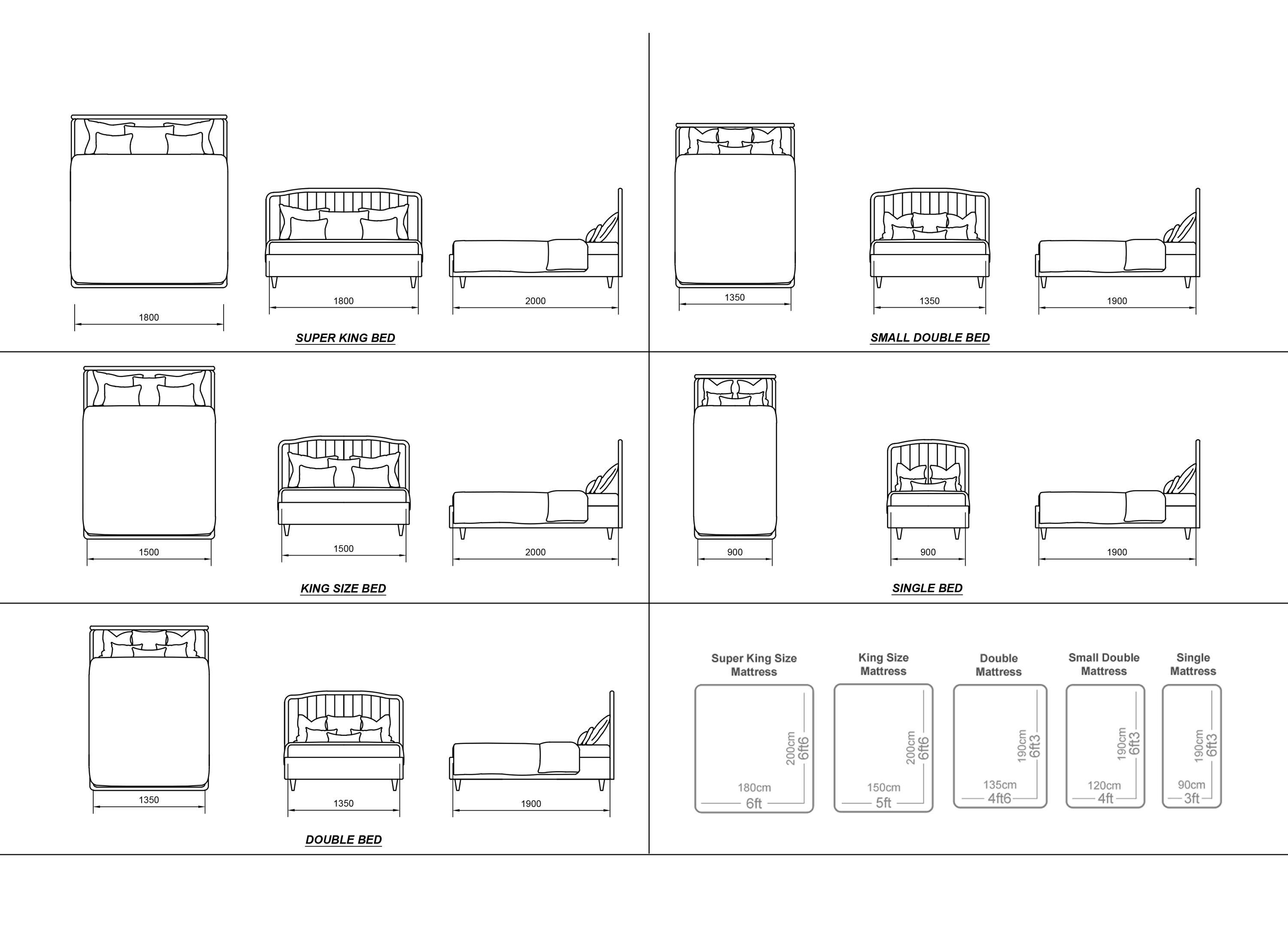 2D Fabric Bed With Headboard CAD Collection, Smart Blocks for Beds in 5 ...