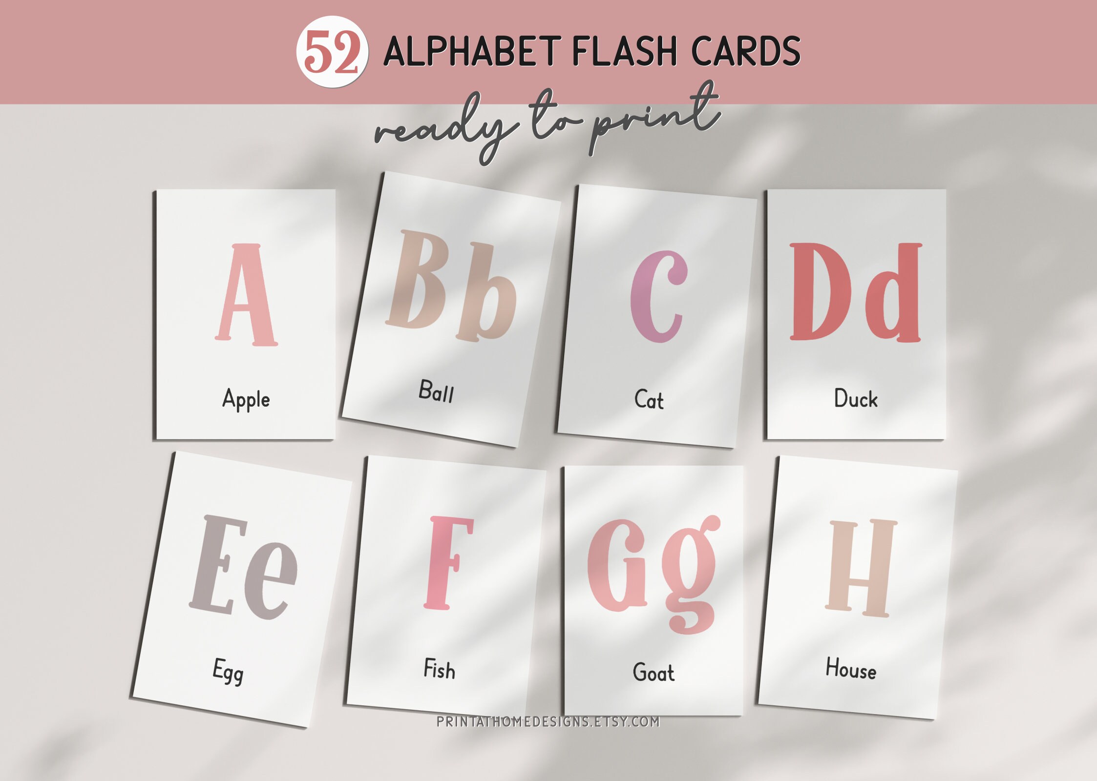 Kids Pink Alphabet Flashcards Printable, Montessori Flash Cards ABC, A ...