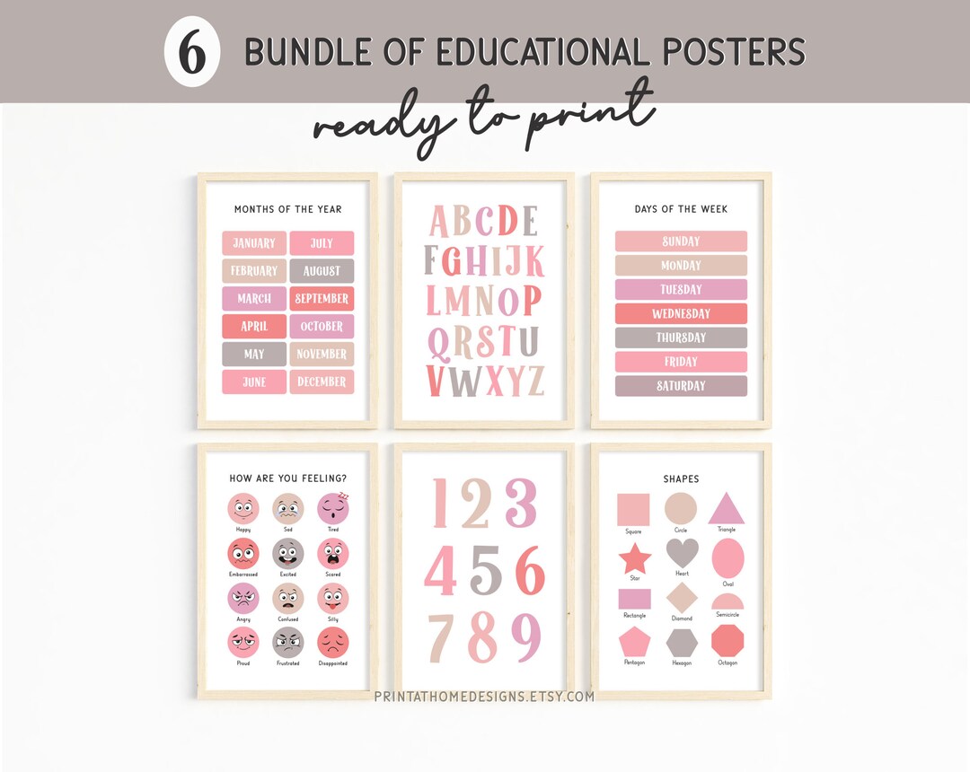 Set of Educational Posters Pink Alphabet and Numbers Posters, Light ...