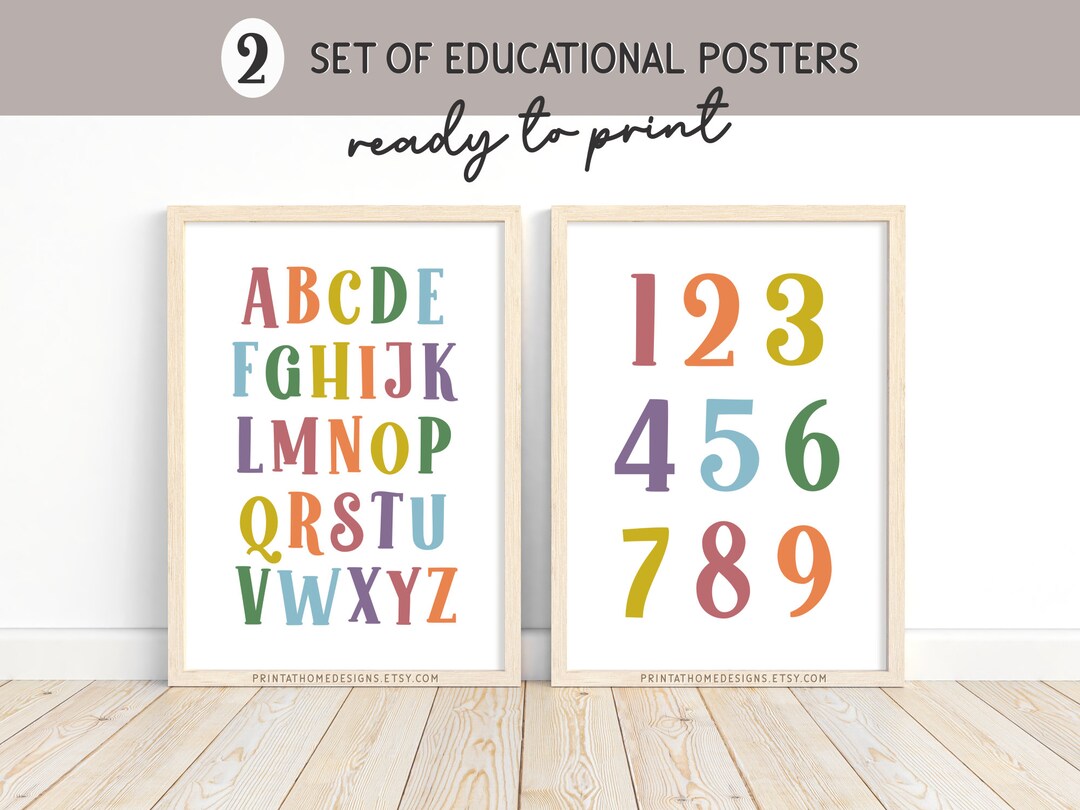 Set of Educational Posters Alphabet and Numbers Posters, Rainbow ...