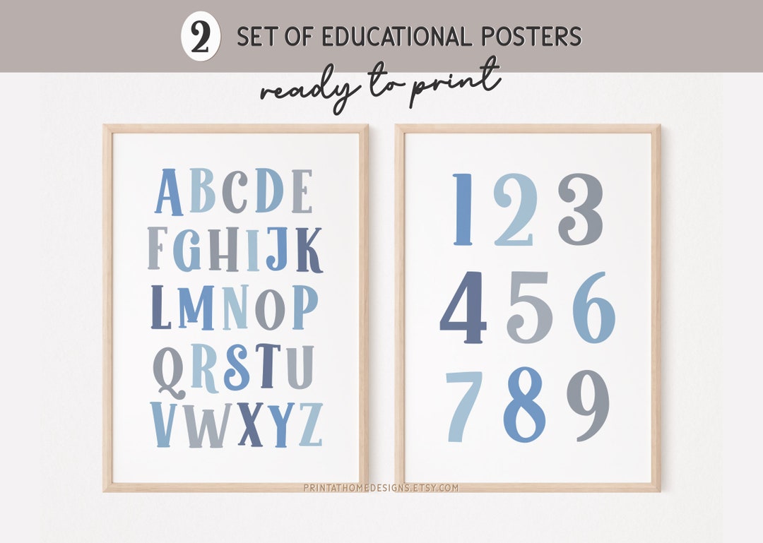 Set of Educational Posters Alphabet and Numbers Posters, Blue and Grey ...