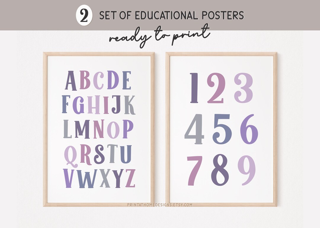 Set of Educational Posters Alphabet and Numbers Posters, Purple Nursery ...