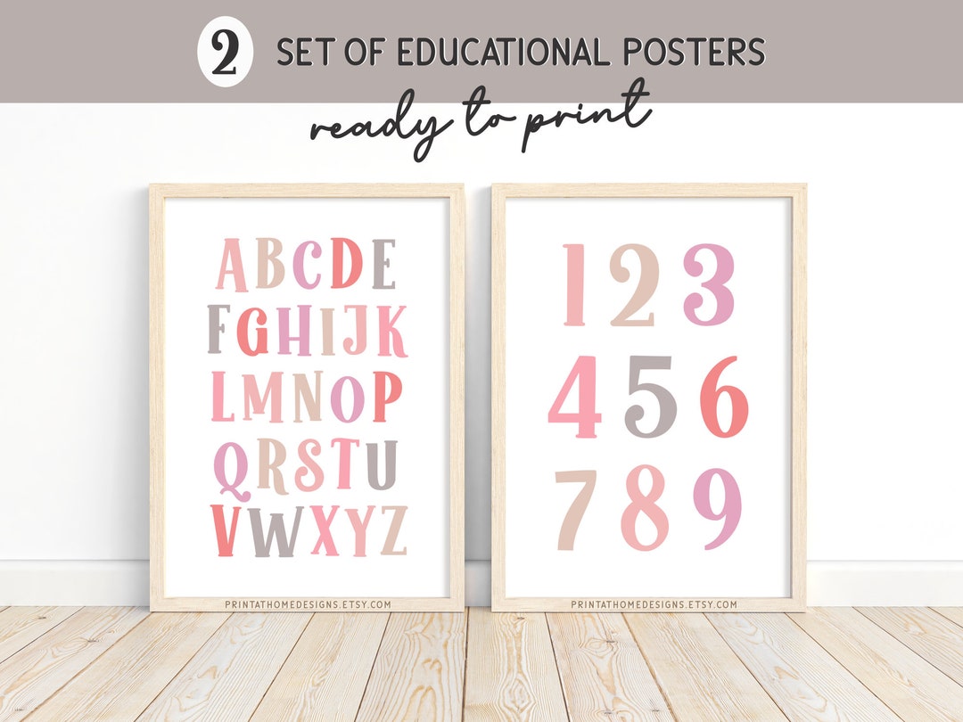 Set of Educational Posters Alphabet and Numbers Posters, Light Pink ...