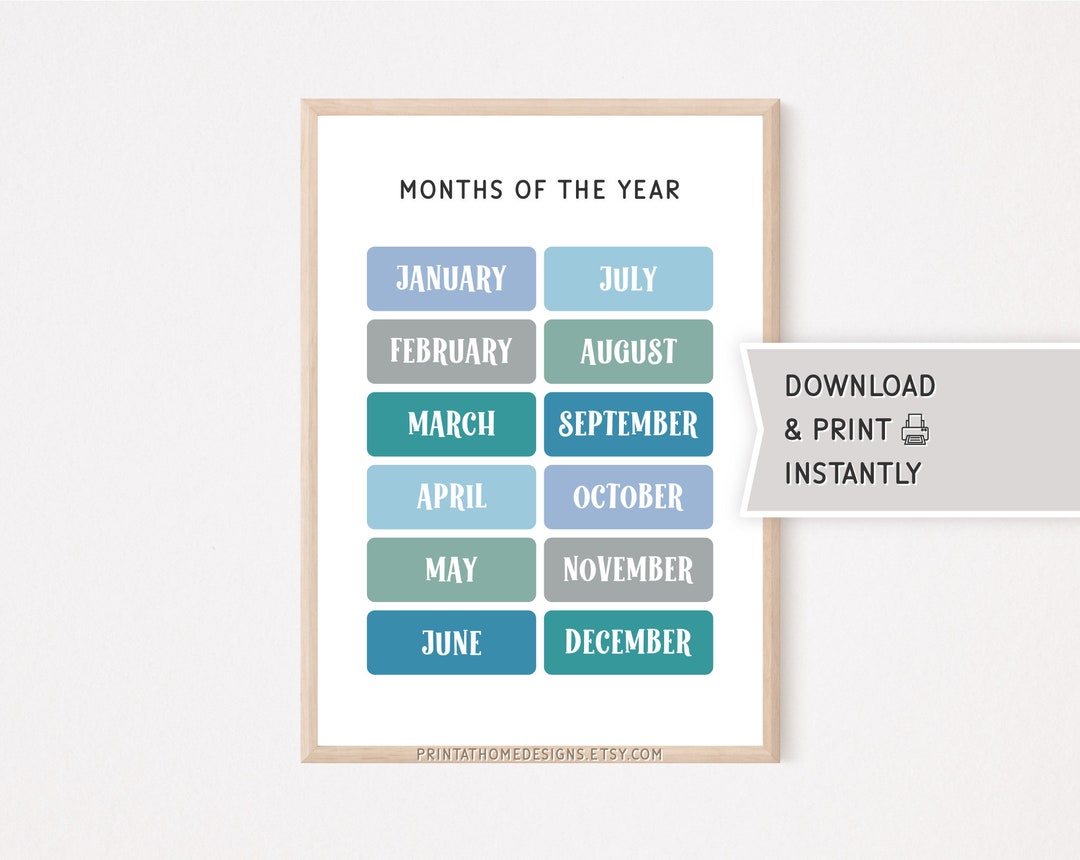 Blue Months of the Year Poster, Months Learning Poster Print, Boys Blue ...