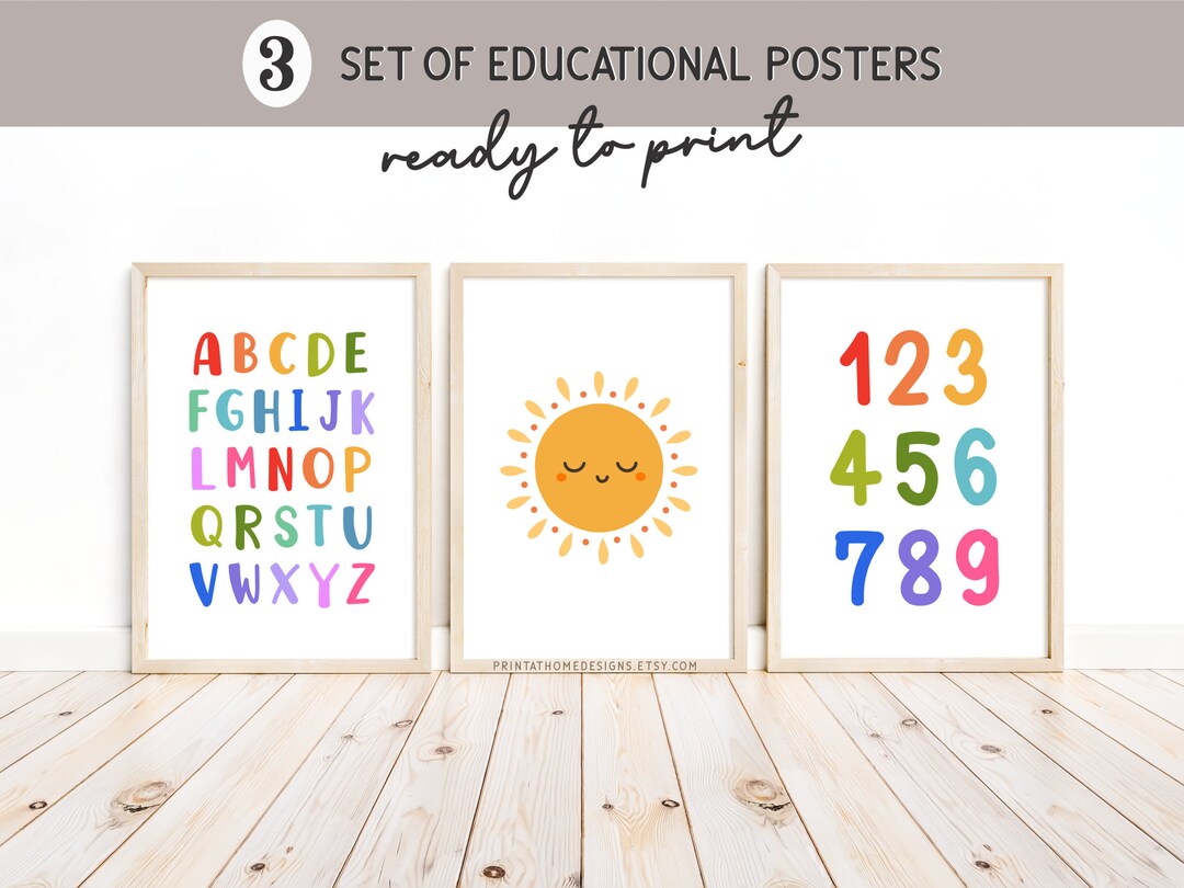 Alphabet Poster Set of 3, Alphabet and Numbers Poster Set, Rainbow ...
