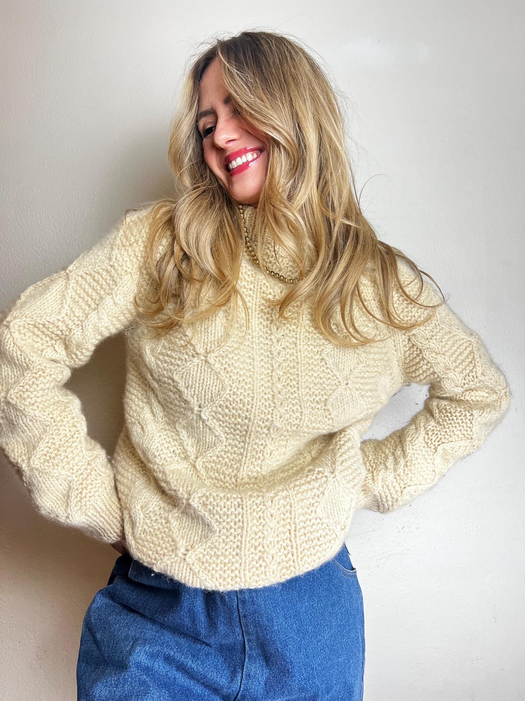Handknit Wool High Neck Cable Knit Sweater - Etsy