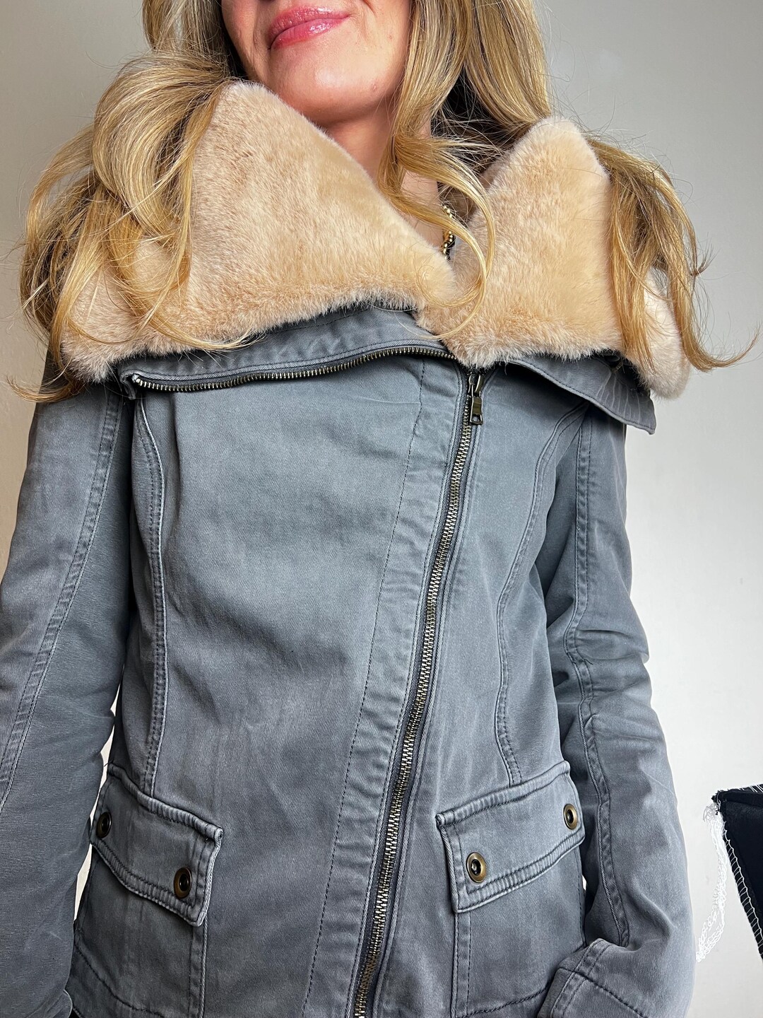 Y2K Faux Fur Collar Gray Fitted Jacket - Etsy
