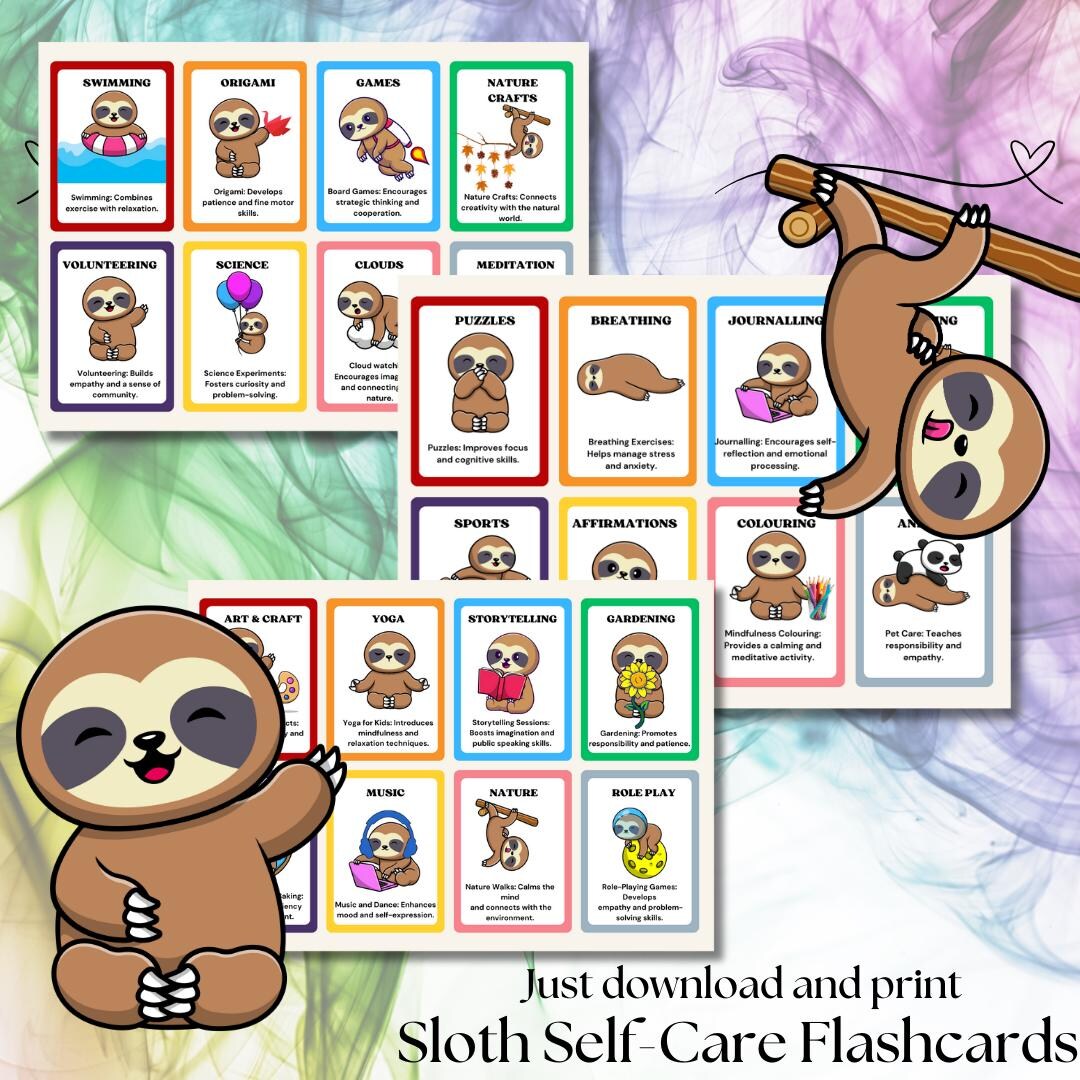 Sloth Self-care Flashcards - Printable - Etsy