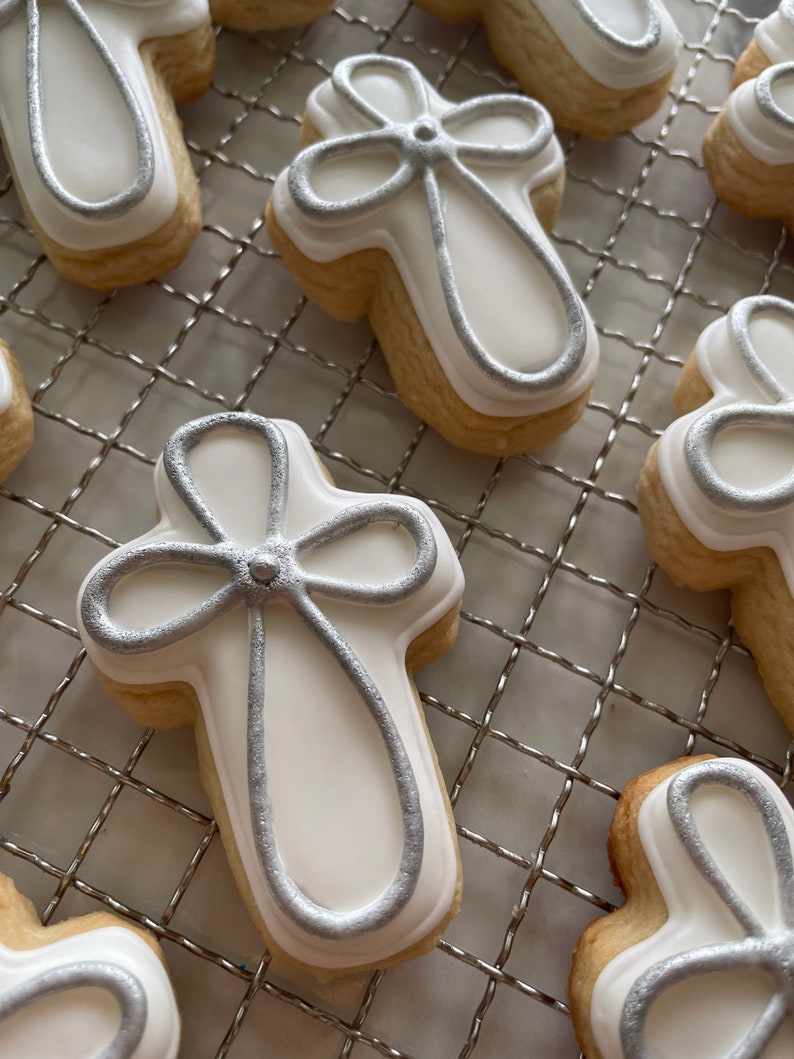 12 Mini Crosses Sugar Cookies, Baptism Favors, White and Gold Crosses ...