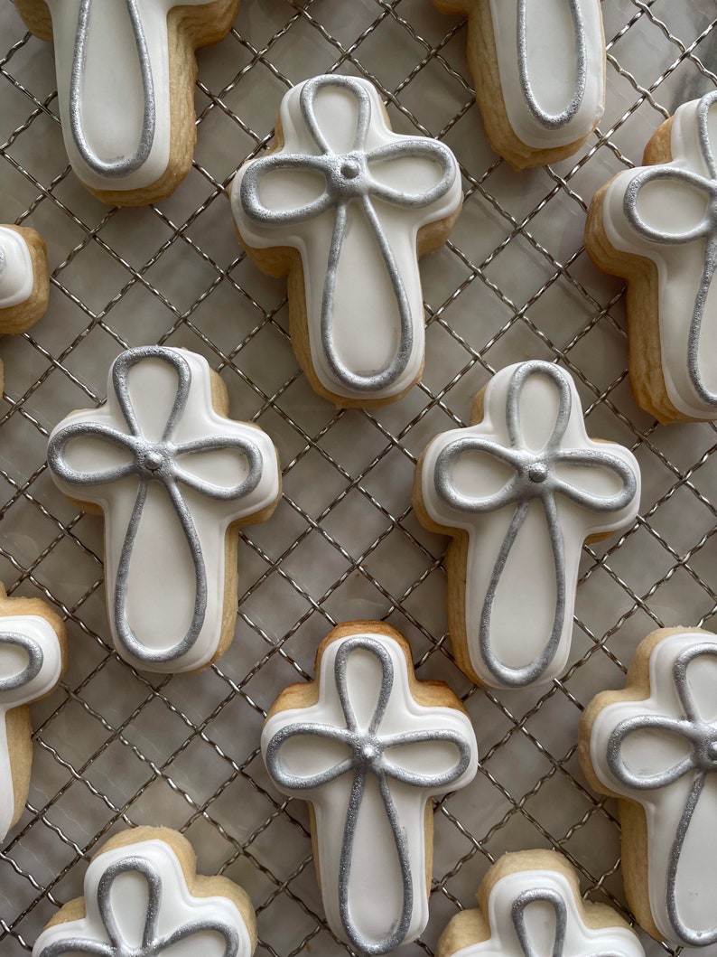 12 Mini Crosses Sugar Cookies, Baptism Favors, White and Gold Crosses ...