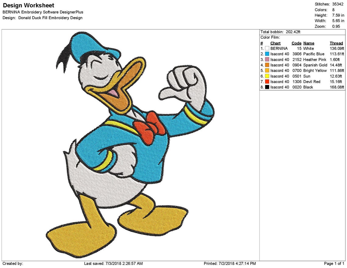 Donald Duck Fill Embroidery Design Instant Download - Etsy