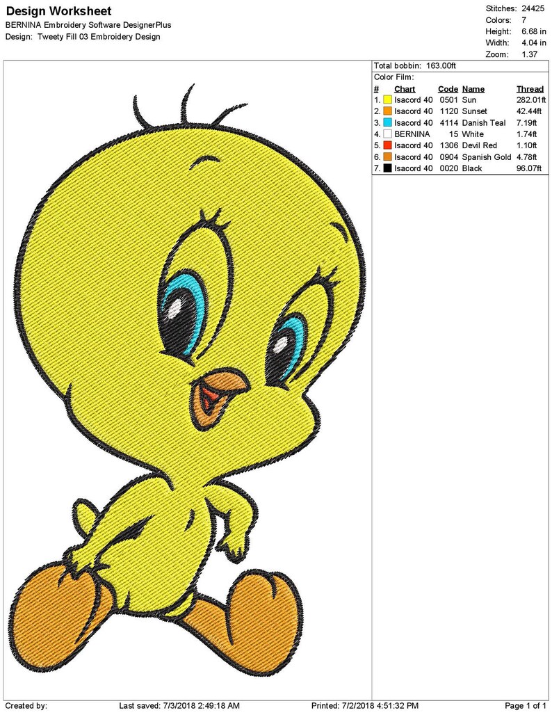 Tweety Fill 03 Embroidery Design Instant Download - Etsy
