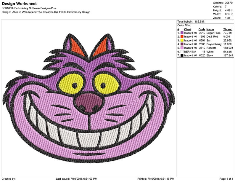 Alice in Wonderland the Cheshire Cat Fill 04 Embroidery Design | Etsy