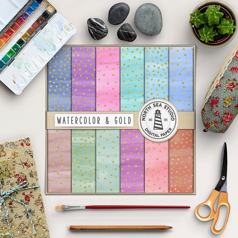 Watercolor Digital Paper With Gold Confetti, Colorful Watercolor Paper ...