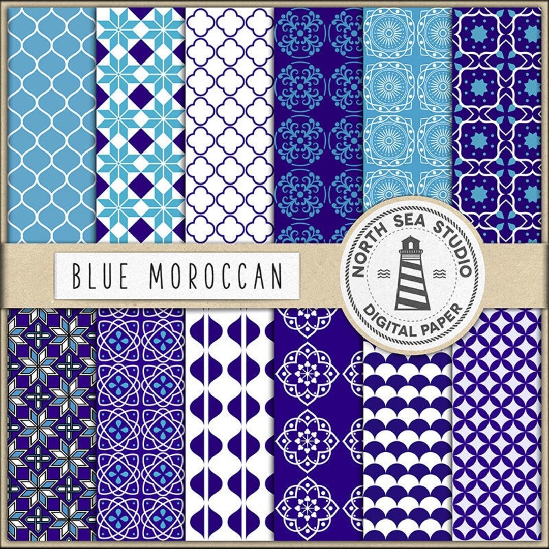 Moroccan Digital Paper, Moroccan Tiles Scrapbook Backgrounds, Blue ...