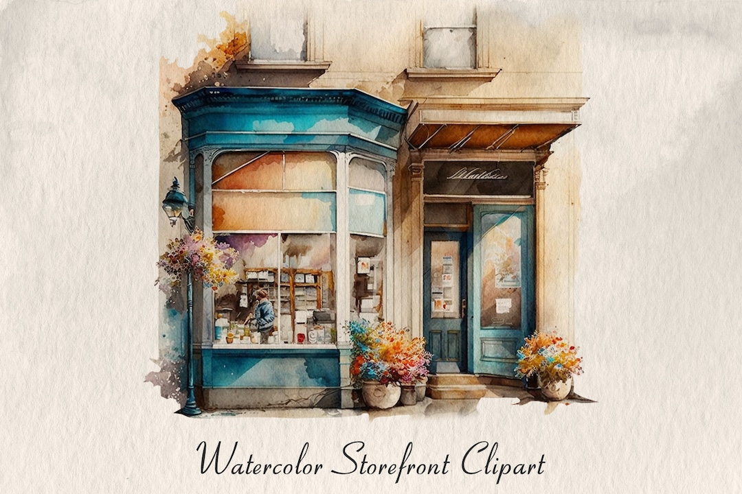 Watercolor Storefronts Clipart, Cozy Shop Watercolor, Cute Shop Cafe ...