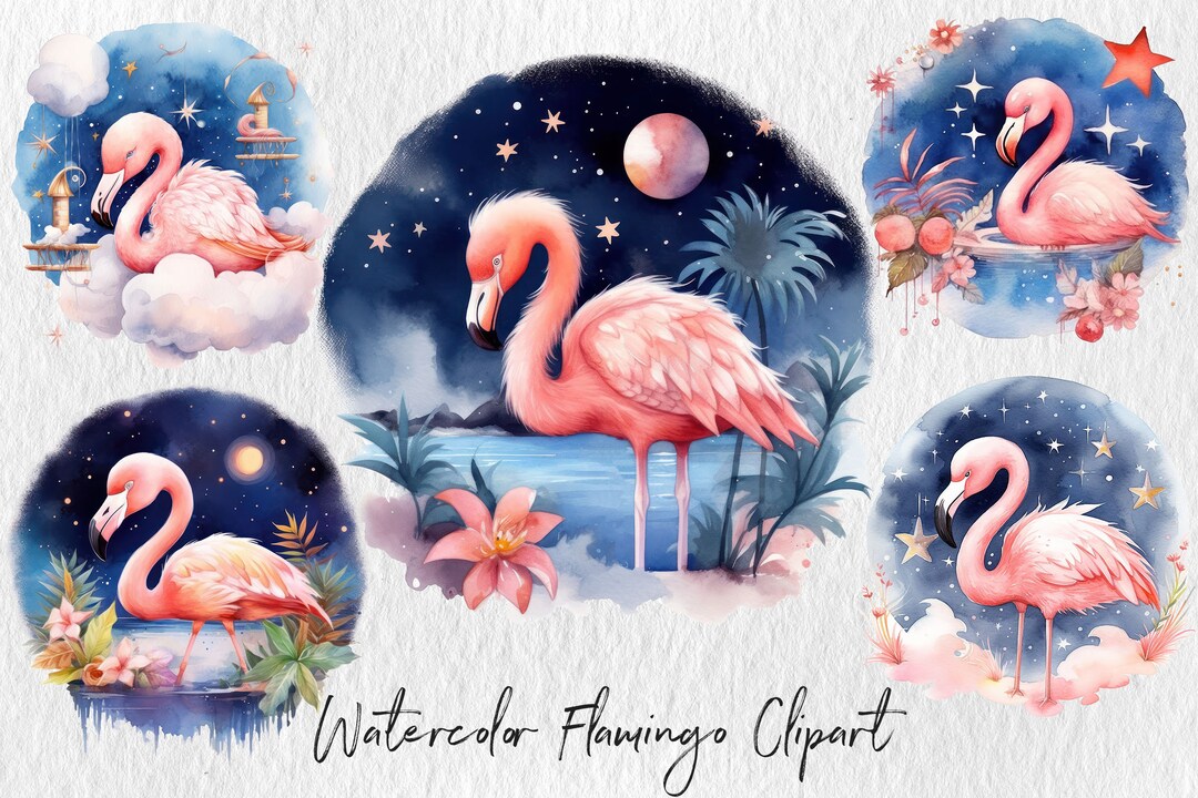 Watercolor Children Clipart, Flamingo Baby Dreaming, Magical, Moon ...