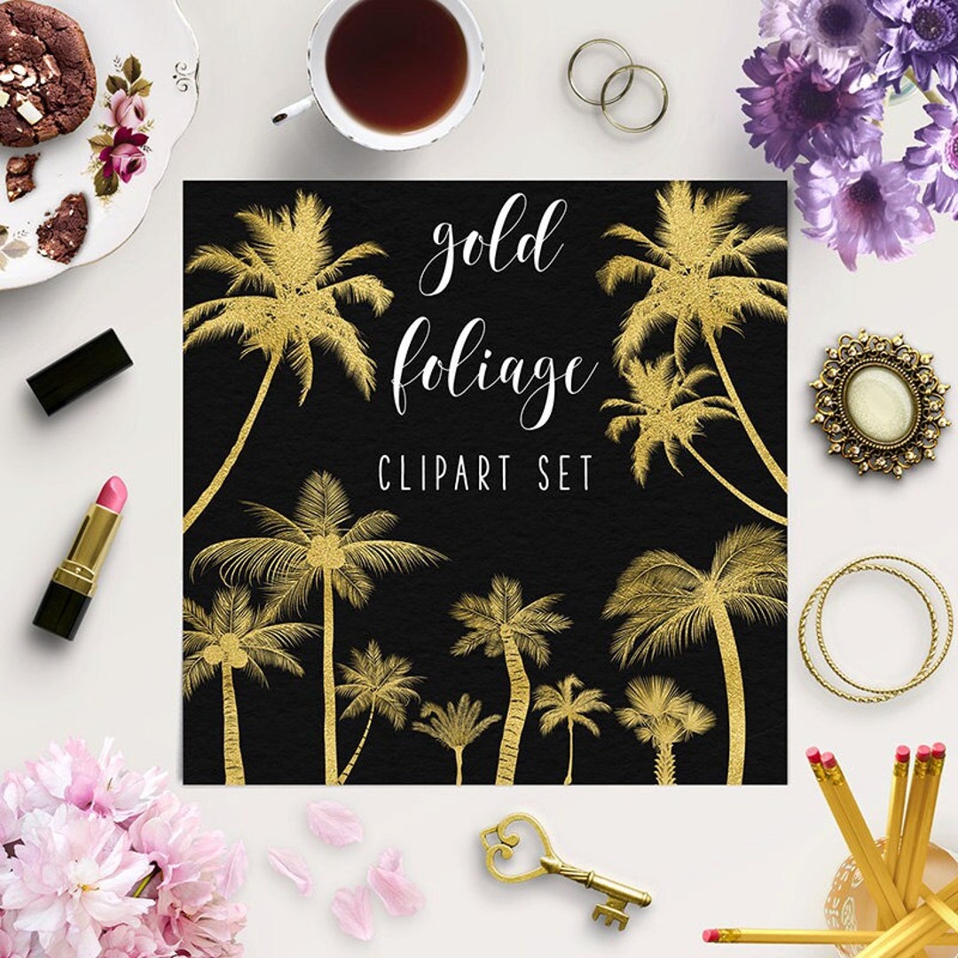 Gold Palm Tree Clipart, Palm Trees Tropical Foliage Clipart, Gold Foil ...