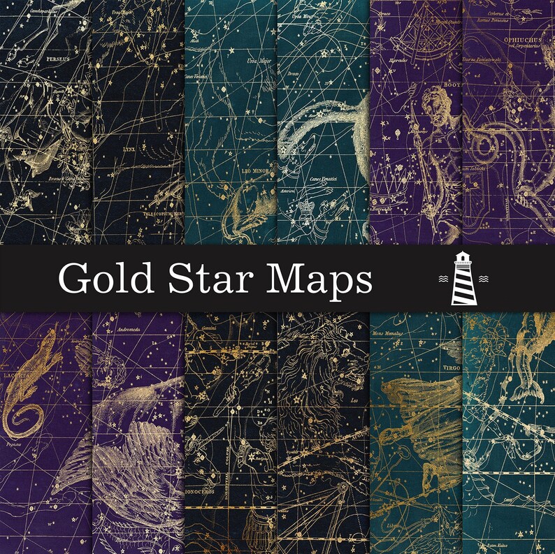 Gold Maps Digital Paper, Gold Star Map Backgrounds, Astronomy Papers ...