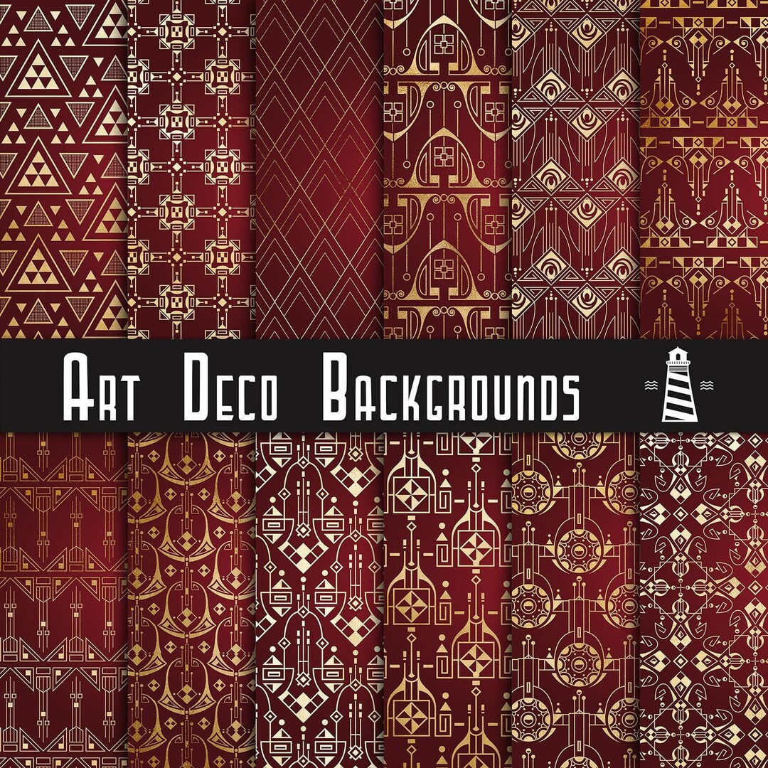 Art Deco Digital Paper, Ruby Red & Gold Art Deco Backgrounds, 1920 ...