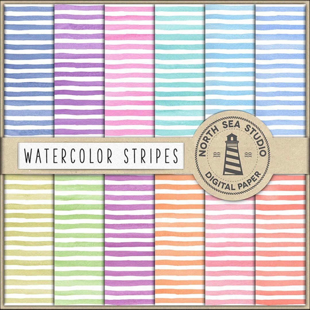 Bold Line, Watercolor Stripes Digital Paper, Watercolor Backgrounds ...