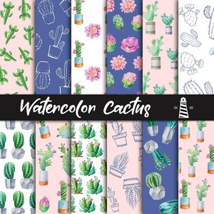 Cactus Digital Paper, Watercolor Cactus Patterns, Cactus and Succulents ...