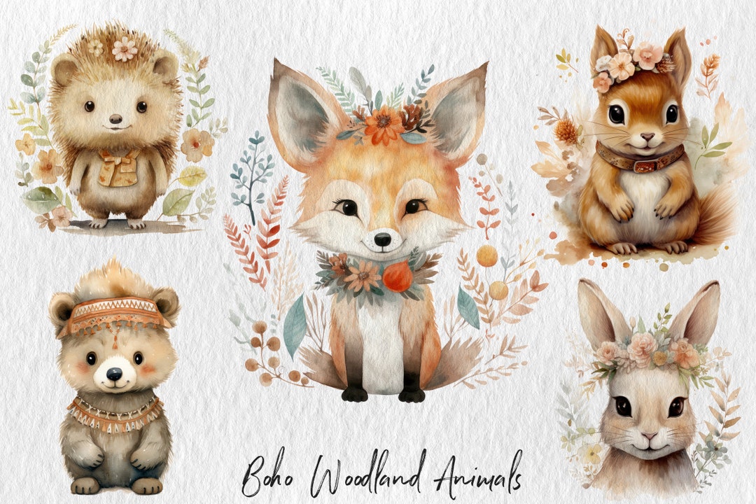 Dreamy Boho Woodland, Watercolor Animal Clipart Collection, Whimsical ...