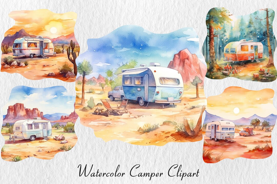 Watercolor Camper Clipart, Magical Camping, Camper Scene, Caravan ...