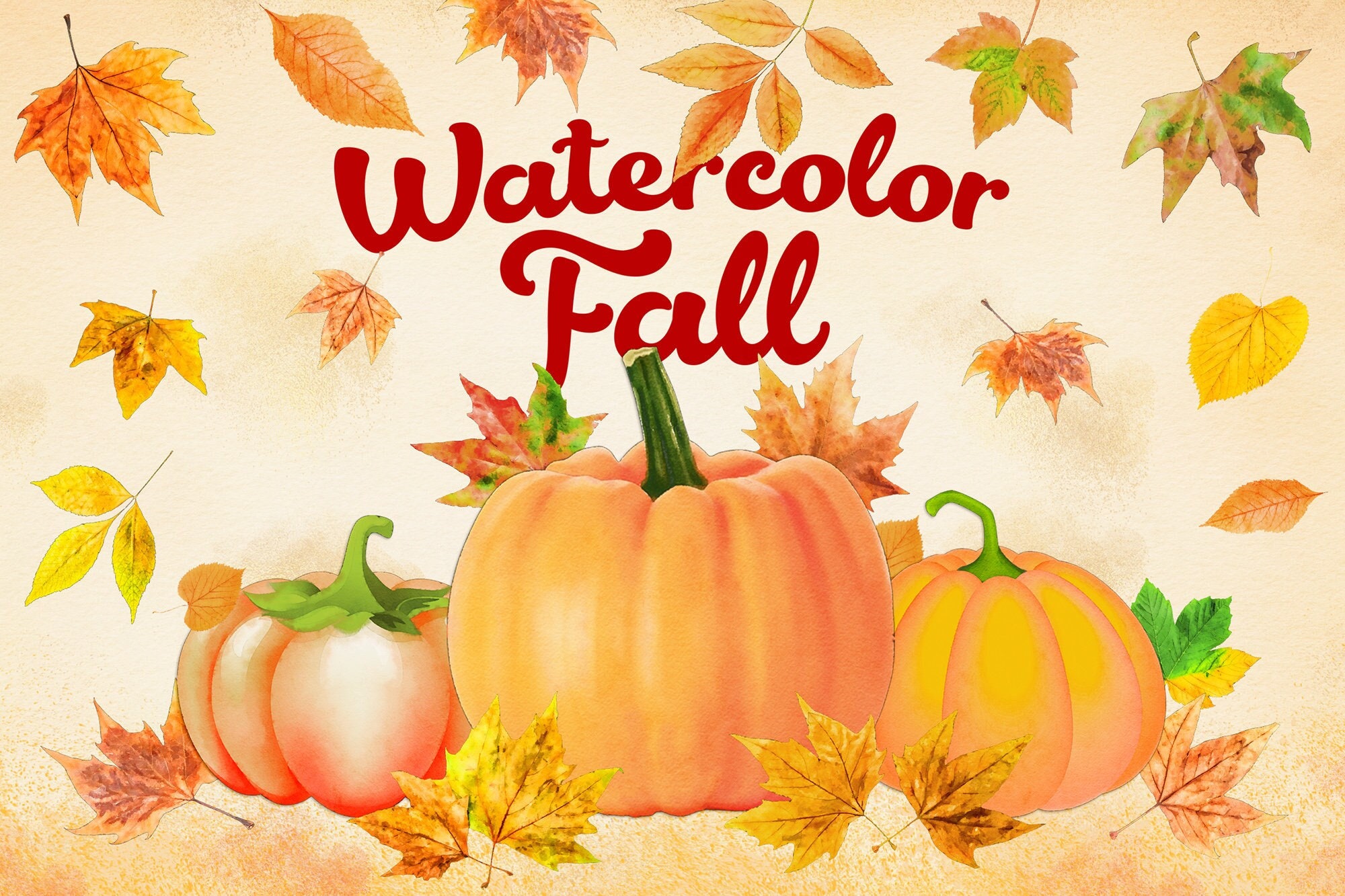 Watercolor Fall Clipart, Watercolor Leaves & Pumpkins, Autumn Clipart ...
